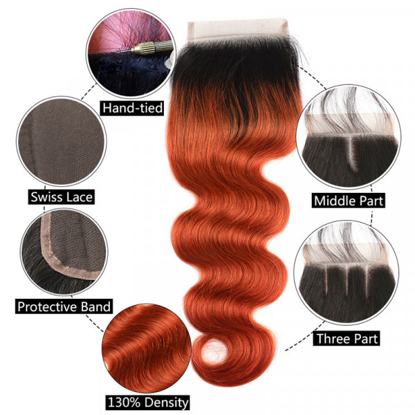 1B/350 Color Ombre Human Hair 3 Bundles With Closure Body Wave Weave