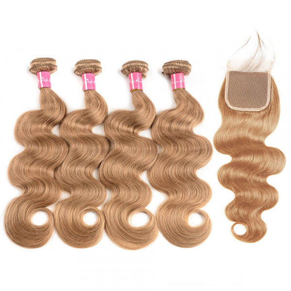 Honey Blonde Hair Color 27 Body Wave Weave 4 Bundles With Closure