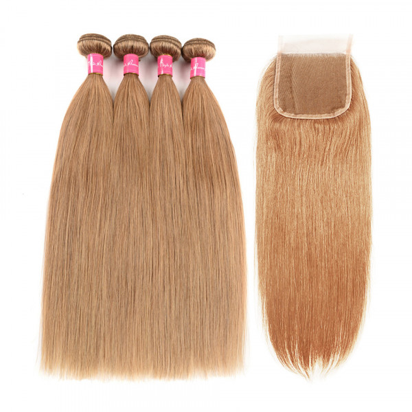 Honey Blonde Hair Color 27 Straight Wavy Hair Bundles With 4*4 Closure