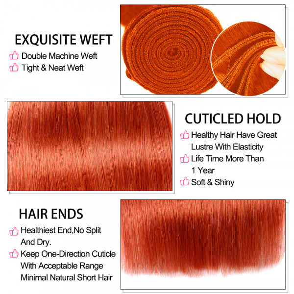 Orange Hair Color 350 Straight Hair Weave 3 Bundles With Closure