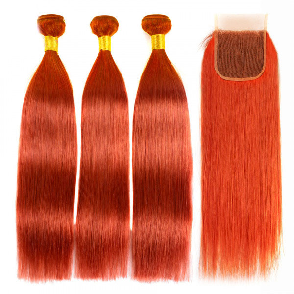 Orange Hair Color 350 Straight Hair Weave 3 Bundles With Closure
